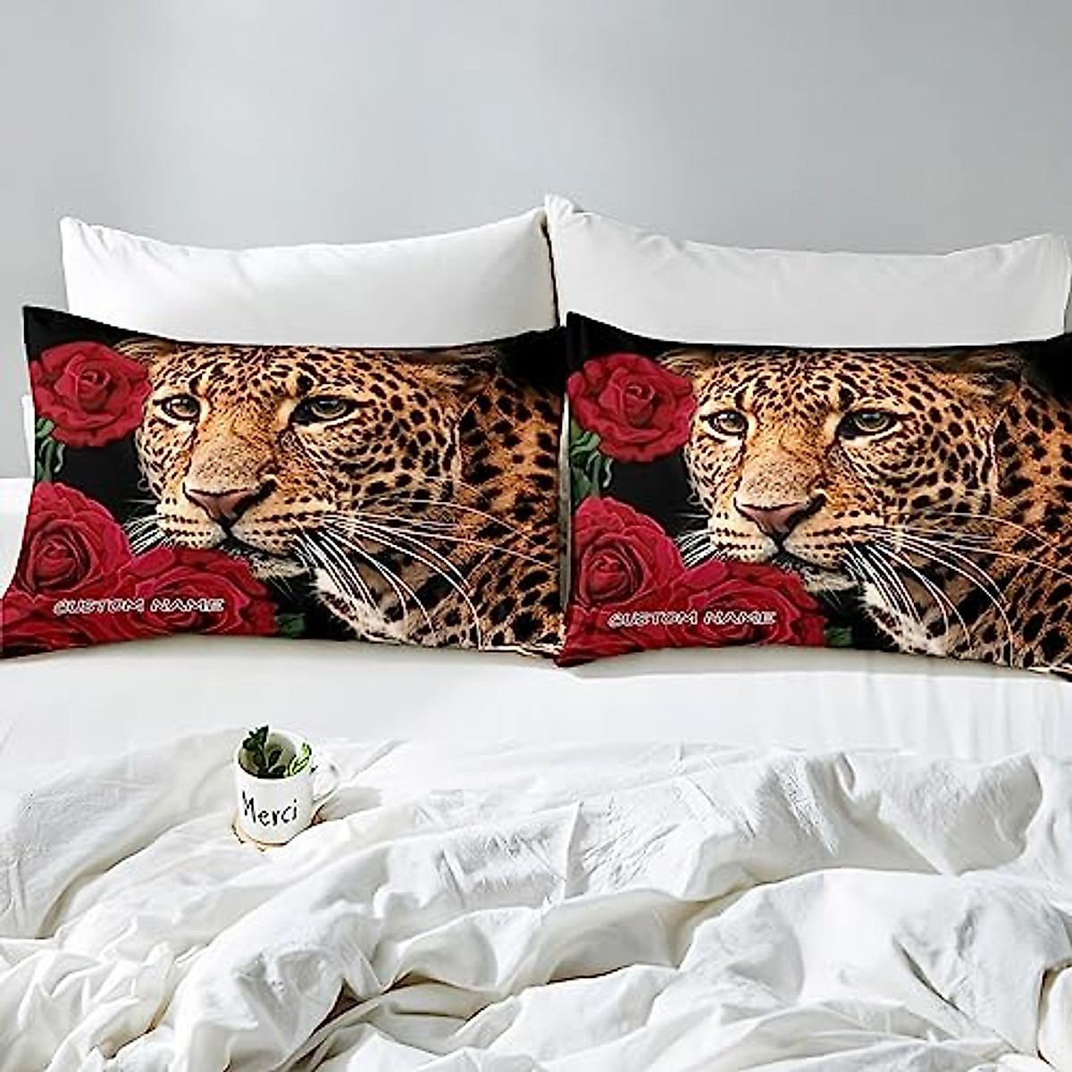 Custom Name Leopard Print Comforter Cover Red Rose Flower Duvet Cover Queen,Cheetah Bedding Set Big Cat Wildlife Bed Set Wild Animal Theme Bedroom Decor for Boys Girls Youth Men Women Female,Brown