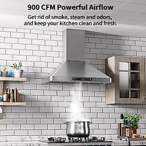 IKTCH Wall Mounted Range Hood 30 inch, 900 CFM Ducted/Ductless Range Hood, Stainless Steel Range Hood with Gesture Sensing & Touch Control IKP02R-30