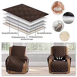 TOMORO Non-Slip Loveseat Recliner Cover, 100% Waterproof Quilted Recliner Chair Slipcover Furniture Protector with Pockets, Washable Couch Cover with Elastic Straps for Kids and Pets