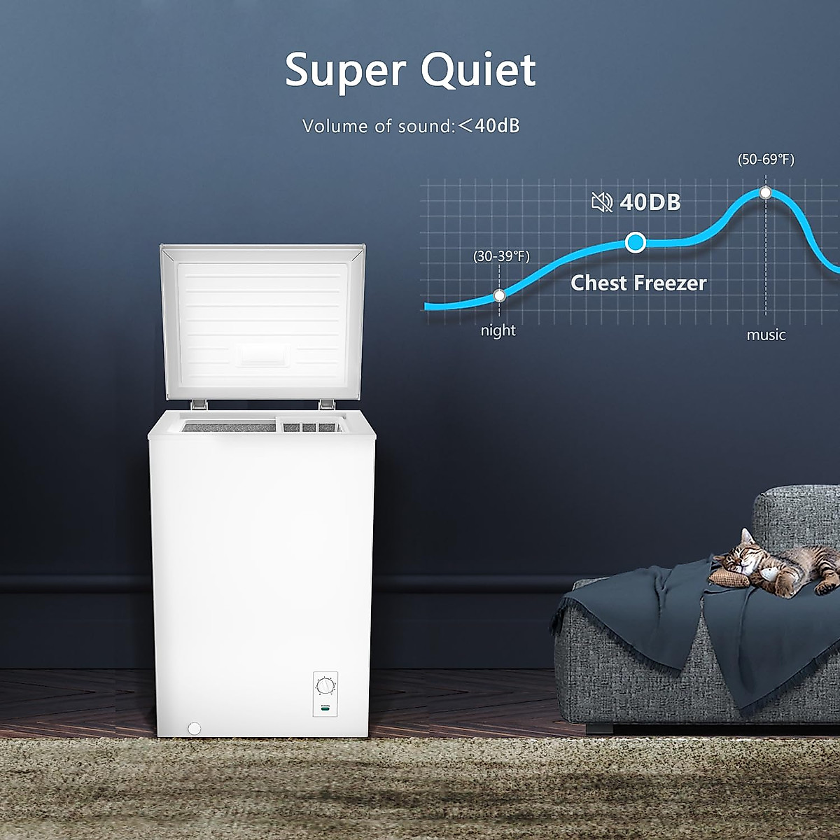 R.W.FLAME Chest Freezer 2.8 Cubic Feet, Deep Freezer with Basket Adjustable Temperature, Energy Saving, Top open Door Compact Freezer, White