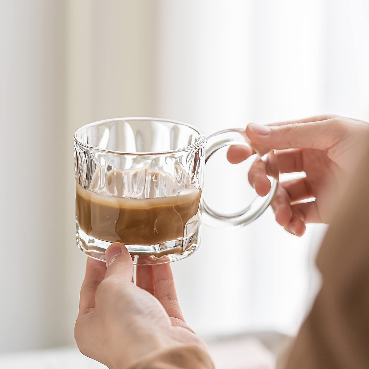 HolaJia Espresso Cups Glass Coffee Mugs 8.4 Oz Set of 2,Clear Embossed Tea Cups,Vintage Glassware with handle,Demitasse Glasses for Cappuccino,Latte,Hot Beverage(Begonia)