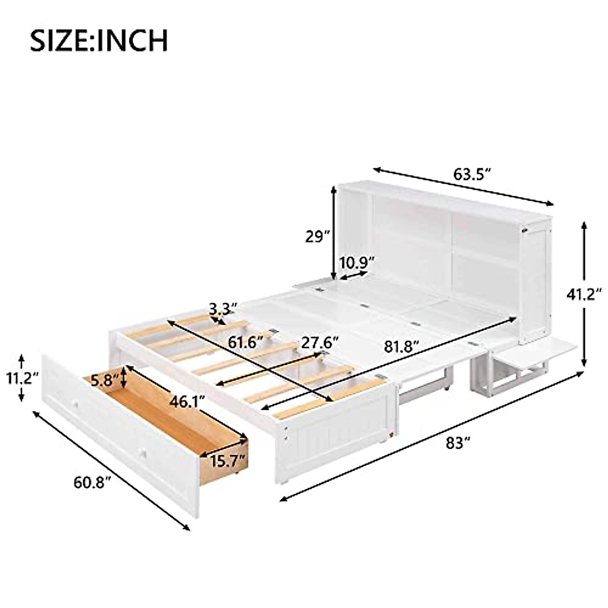 Cotoala Queen Size Mobile Murphy Bed with Storage Drawer, Wood Bedframe w/Little Shelves on Each Side, Can Convert to Cabinet for Guest Room Home Office