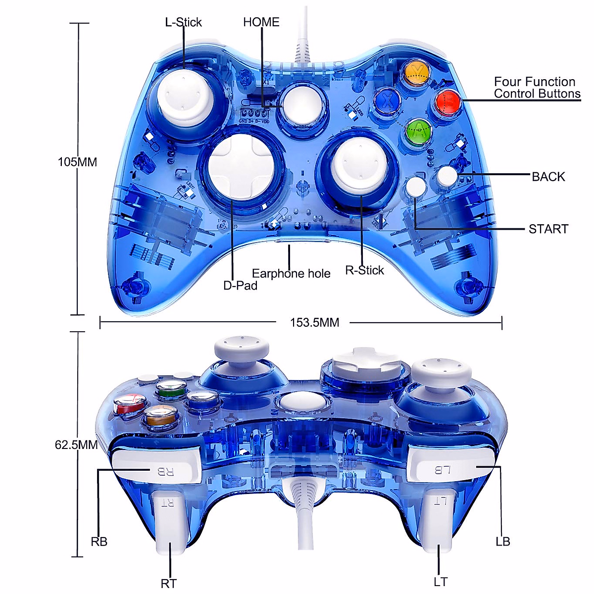 Wired 360 Controller Dual Vibrator Wired Gamepad Gaming Joypad, Blue - PAWHITS
