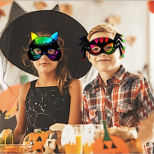 Natonhi 32Pcs Halloween Crafts for Kids Rainbow Scratch Mask, Halloween Games Scratch Art and Craft Kit Halloween Classroom Activities Favors Party Supplies