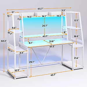 SEDETA White Gaming Desk 65.7'' with LED Lights, Hutch and Storage Shelves, Computer Desk with Monitor Stand, Large PC Gamer Desk Workstation, Ergonomic Gaming Table for Bedroom, Living Room