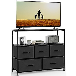 Dresser TV Stand, Entertainment Center with 5 Fabric Drawers, Media Console Table for TV with Open Storage Shelf Dresser for Bedroom/Living Room/Hallway Black