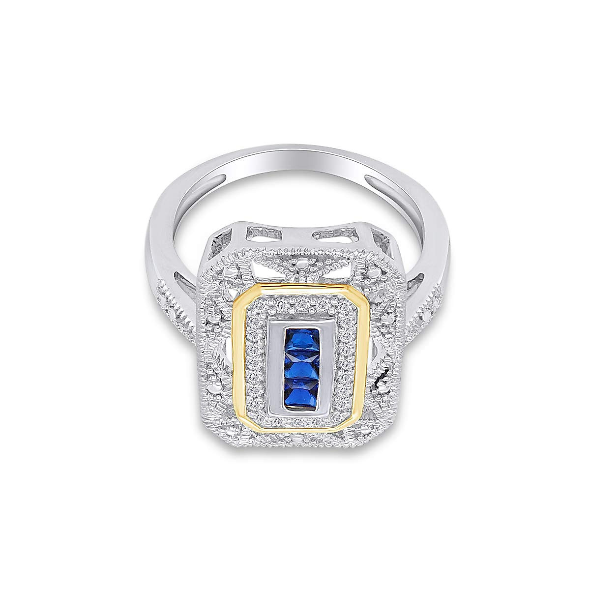 AFFY Princess Cut Simulated Blue Sapphire And White Cubic Zirconia In 14k White Gold Plated 925 Sterling Silver Two-Tone Art-Deco Style Ring Size:- 7