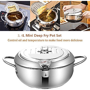 Deep Fryer Set,3.6QT Mini Deep fry Pot with French Fries Basket and Frying Tongs -Stainless Steel Deep Fry Pan with Thermometer