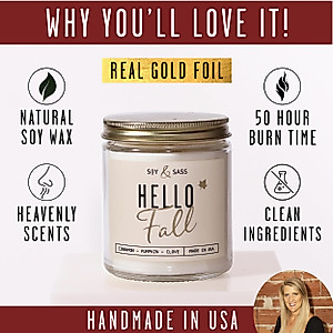Fall Candles - 'Hello Fall' Fall Candle w/Cinnamon, Spice & Pumpkin Candle I Infused with Essential Oils I Autumn Fall Scented Candles I Pumpkin Spice Candle I 9oz Jar I 50Hr Burn I Made in USA