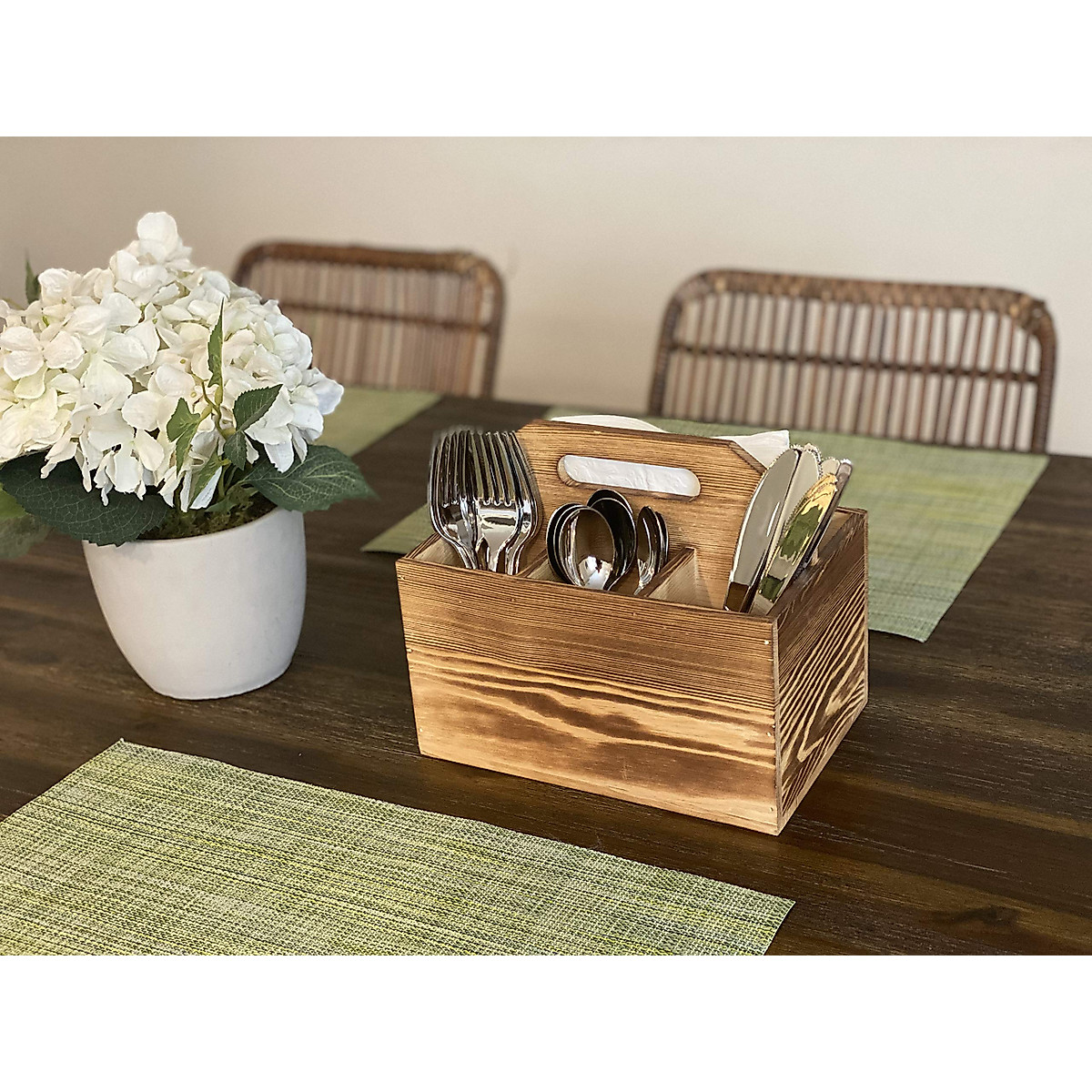 Utensil and Napkin Holder Flatware Caddy with Handle in Rustic Wood for Forks, Spoons and Knives, Silverware Organizer