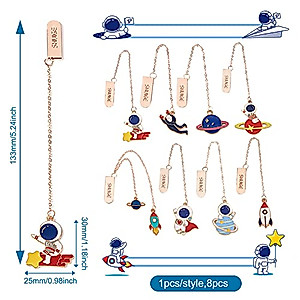 Beadthoven 8pcs Space Theme Metal Bookmarks with Chain Metal Enamel Charms Cute Astronaut Planet Rocket Metal Book Marker Page Clip Pendants for Student Kids School Office Book Reading Supplies