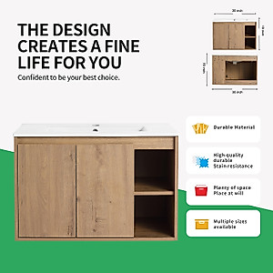 San Merah 30" Wall-Mounted Bathroom Vanity with Sink - Floating Single Door Cabinet & Right Shelf, Space-Saving Modern Design for Small Bathrooms, Ceramic Basin Combo