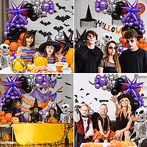 161Pcs Halloween Balloons Garland Arch Kit,Black and Orange Balloons with Skeleton Pumpkin Foil Balloons, Silver Purple Metallic Balloons for Halloween Party Decorations Birthday