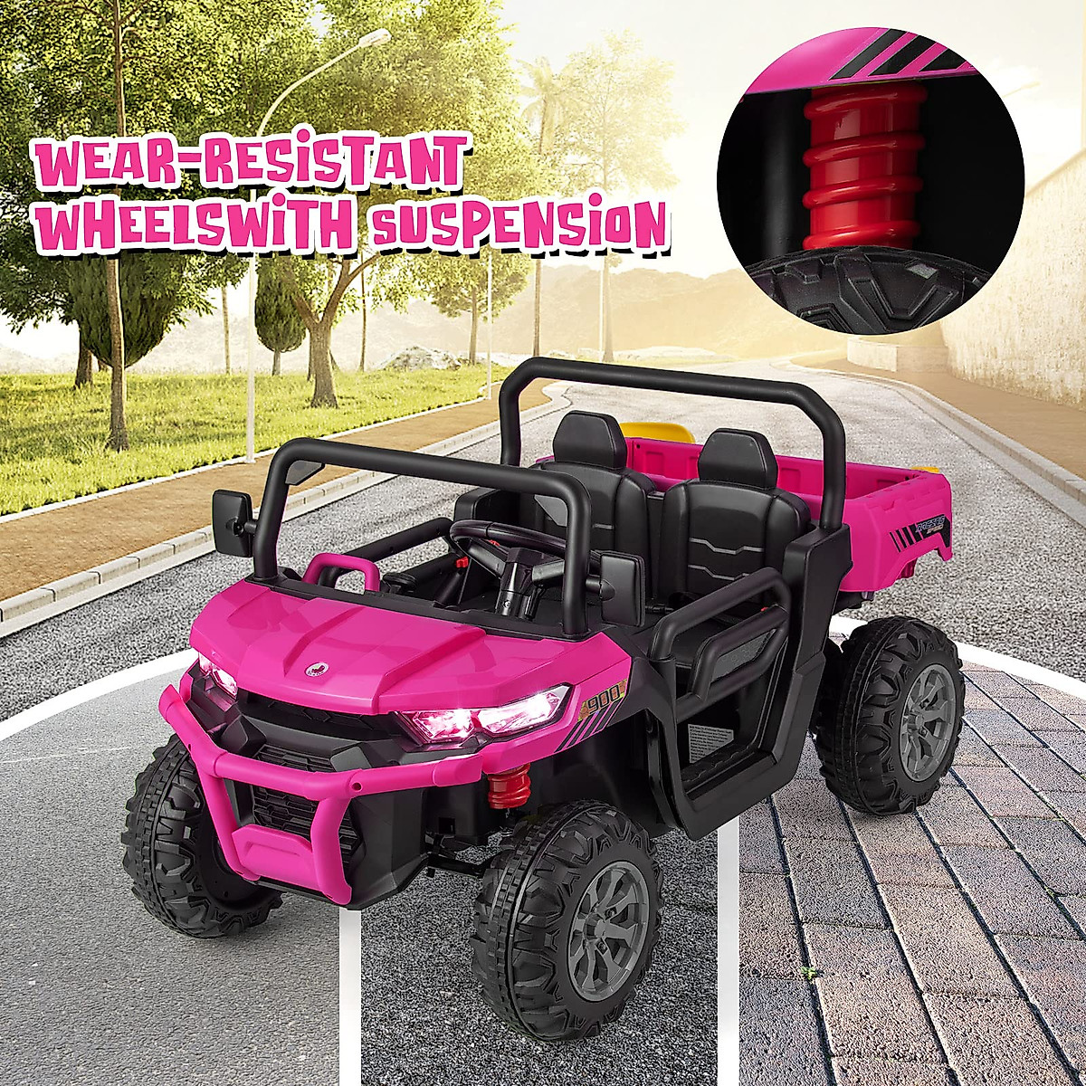 OLAKIDS 2 Seater Ride On Car, 12V Off-Road UTV Electric Vehicle with Remote Control, Dump Bed, Extra Shovel, Music, USB, AUX, Rocking Function, Kids Toddlers Battery Powered Truck (Pink)