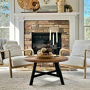 RANDEFURN Round Coffee Table, Seagrass Coffee Solid Pine Wood X Base Frame Cocktail Table, Easy Assembled, Multiple Sizes for Living Room, 32 x 17 Inches,Gold