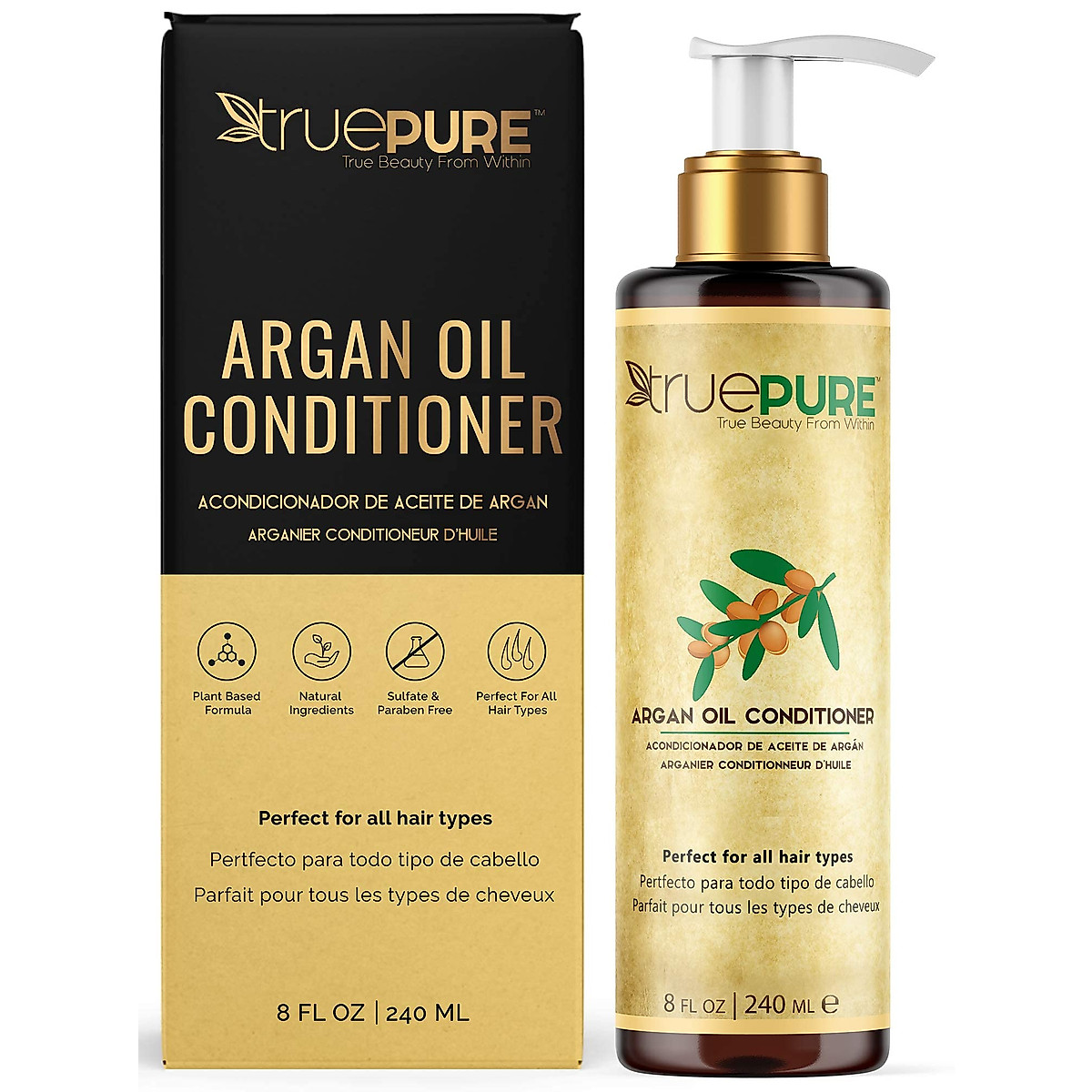 TruePure Hair Bundle - Caffeine Shampoo 8oz + Argan Oil Conditioner 8oz + Biotin Hair Growth Serum 2oz