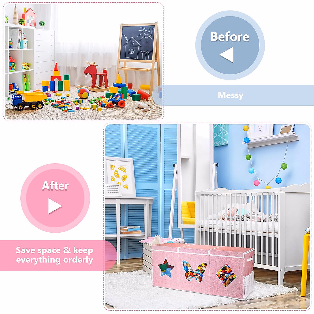 Extra Large Toy Box Chest for Girls, Collapsible Sturdy Toy Chest Bins with Lids, Kids Toy Storage Organizer Baskets for Kids, Boys, Girls, Nursery Room, Playroom, Bedroom, Closet, 40x14x17inch