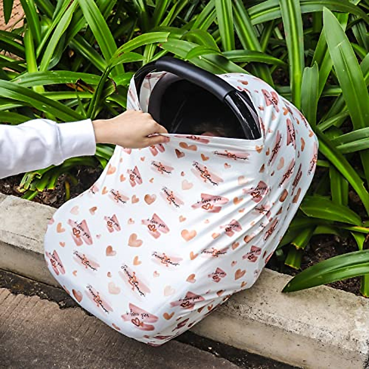 Hooyax Infant Car Seat Cover for Mom Baby, 6 in 1 Multi-Use Cover for Nursing, Breastfeeding, Carrier, Stroller, High Chair, Shopping Cart Lounger Canopy Ultra Soft and Stretchy, Stripe & Heart