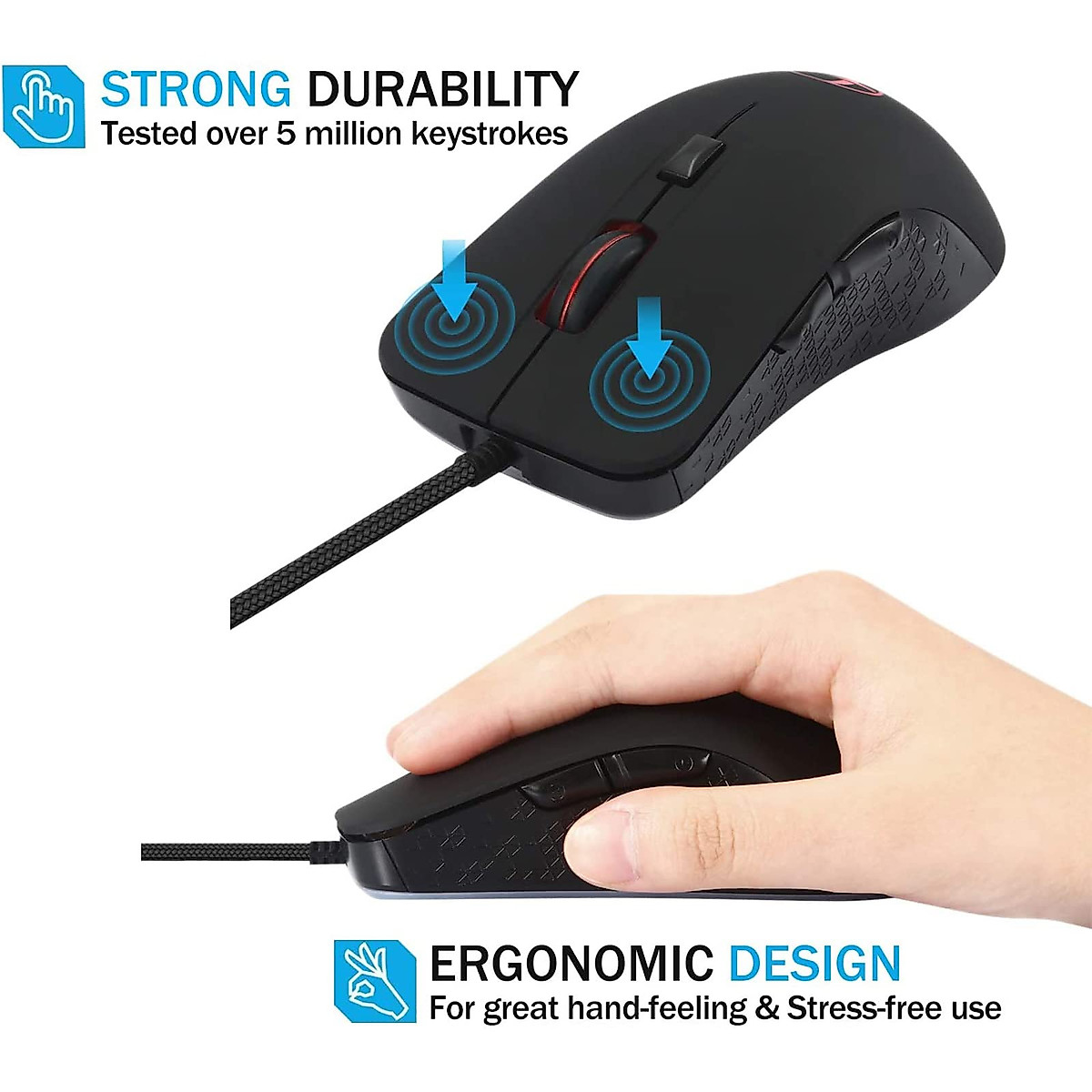 WREWING Wired Gaming Mouse, Ergonomic Programmable USB Warmer Heated Mouse with 6 Buttons 2400 DPI, for Windows Mac PC Games (Black)