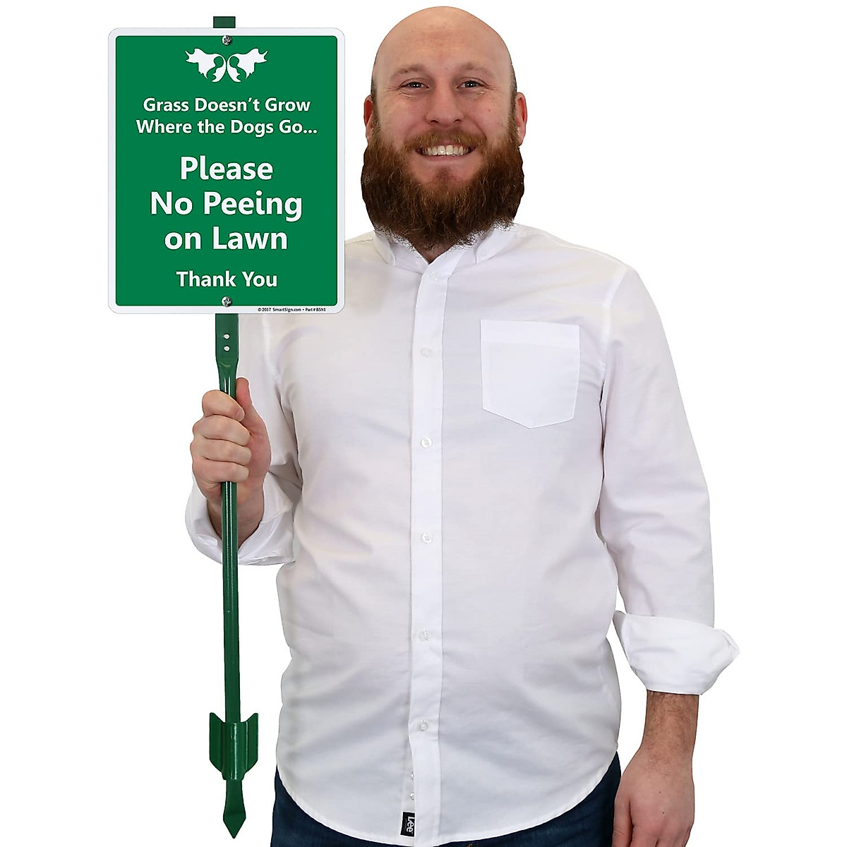 SmartSign 12 x 10 inch “Grass Doesn't Grow Where The Dogs Go - Please No Peeing On Lawn” LawnBoss Yard Sign with 3 foot Stake, 40 mil Laminated Rustproof Aluminum, White and Green, Set of 1, USA-Made