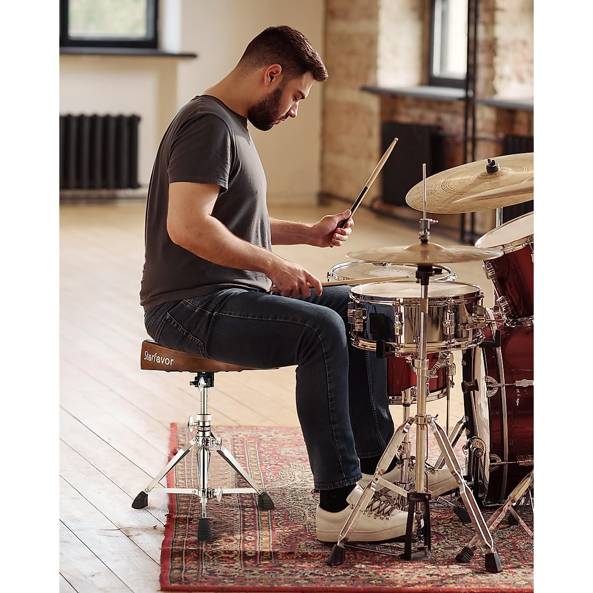 Starfavor Drum Throne Height Adjustable Padded Seat Drum Stool, with Double Braced Anti-Slip Feet Swivel Drum Chair, Butt Shape, Brown, ST-550BR