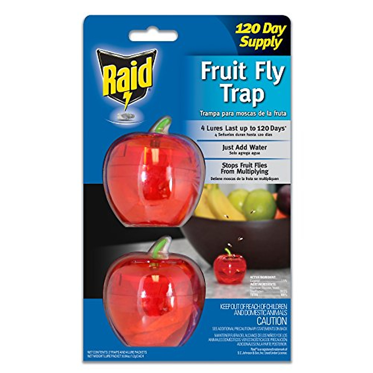 Raid Fruit Fly Trap, Indoor Fruit Fly Killer, Easy to Use Safe, Food-Based Lure Fly Catcher, 2 Traps + 120 Day Lure Supply