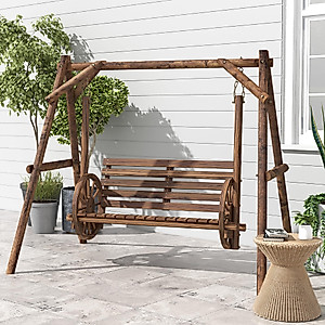 Outsunny 2-Seat Porch Swing with A-Frame Stand, Wooden Log Patio Swing Chair Bench with Wagon Shaped Armrests for Garden, Poolside, Backyard, Carbonized Brown
