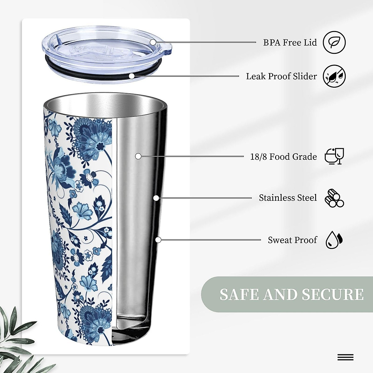JASROTAO Blue White Porcelain Tumbler,Ceramics 20oz Stainless Steel Insulated Travel Tumbler,Travel Coffee Mug with Lid and Straw Water Bottle Drink Tumbler Cups Gifts for Women Men Lovers