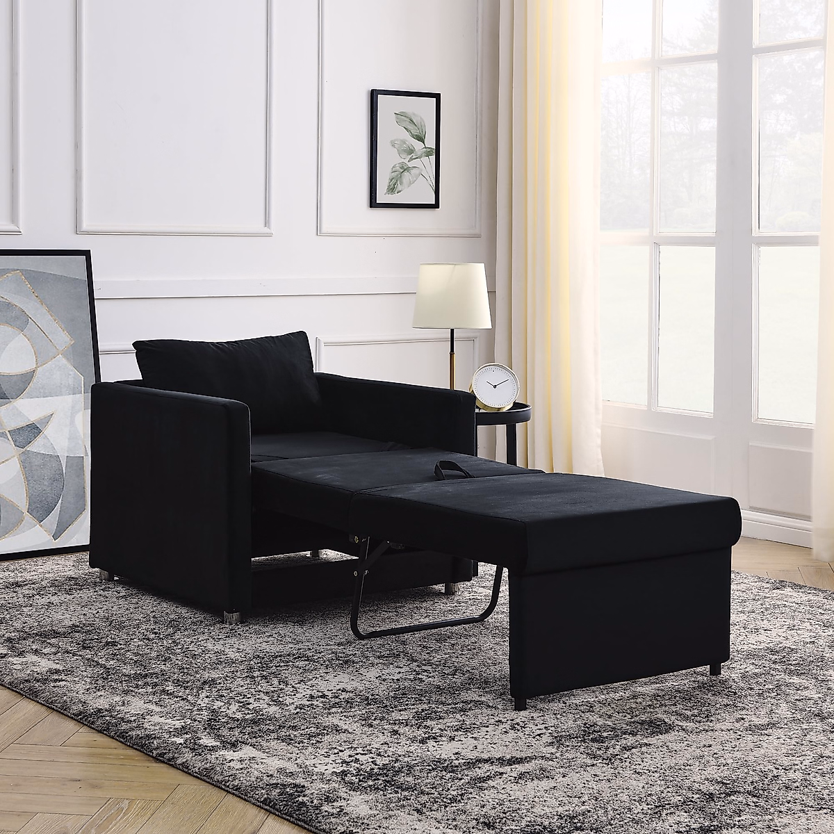 Futon Folding Single Chair Bed,Convertible Sleeper Sofa 2-in-1 Pull Out Lounge Chair Beds with Pillow&Pocket for Living Room Apartment Office（Black）