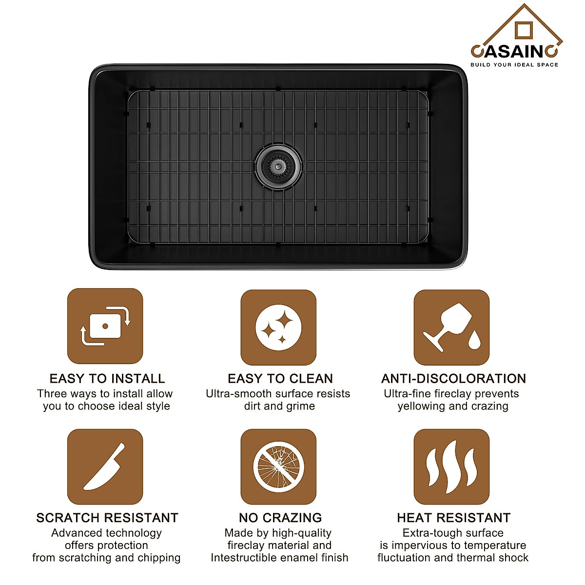 CASAINC 33-inch Kitchen Sink Black, Farmhouse Sink Fireclay Apron -Front Farmhouse Deep Single Bowl, Farmhouse Sink with Stainless Steel Bottom Grid and Kitchen Sink Drain