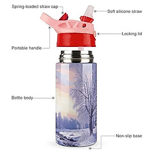 Stainless Steel Water Bottles Winter Landscape Travel Water Cups with Handle And Silicone Straw Drinking Cup with Leak Proof Lid Thermo Travel Mug for Women Men