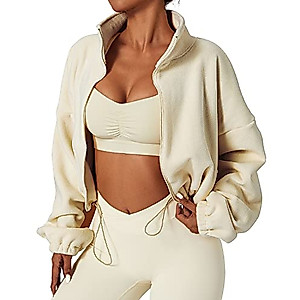 QINSEN Women's Polar Fleece Bomber Jacket Full Zip Stand Collar Short Coat Cozy Winter Warm Outwear Beige S