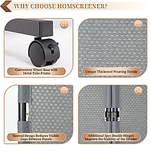 Room Divider Screen Wide Room Divider Panel/Wheels, Decorative Divider for Room Separation, 6 Panel Portable Wall Divider Freestanding Room Partitions and Dividers, Grey Room Separator for Studio