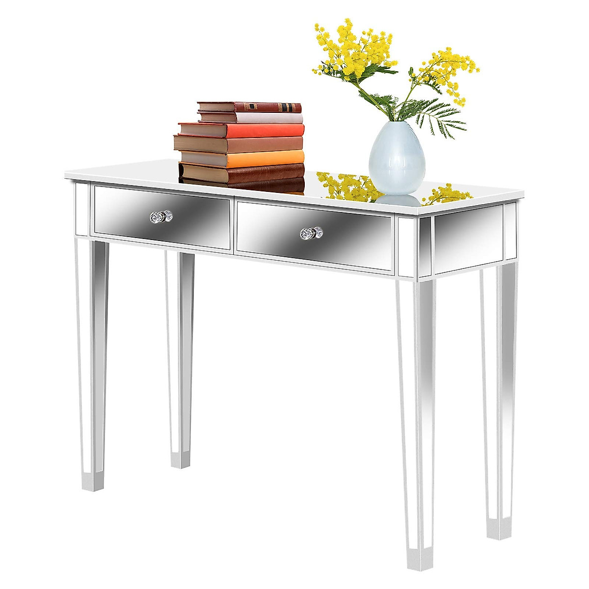 Mirrored Console Table with 2 Drawer, Silver Mirrored Makeup Dressing Table Vanity Desk, Modern Writing Desk Media Table for Bedroom Entryway Home Office