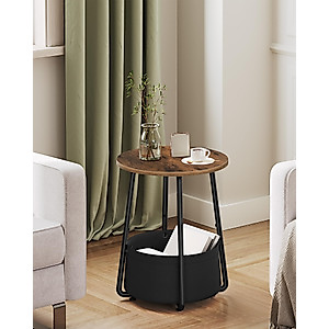 CHOEZON Round Side Table, Small End Table with Fabric Storage Basket, 2-Tier Bedside Table, Round Nightstand, for Small Space, Living Room, Bedroom, Nursery, Rustic Brown and Black TBZ03BF
