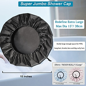 Sheomern 3 Pcs Super Jumbo Adjustable Satin Lined Shower Caps for Long Hair & Braids, Extra Large Shower Cap for Women & Men, Reusable XL with Waterproof Edge for Dreadlocks, Locs (Black)