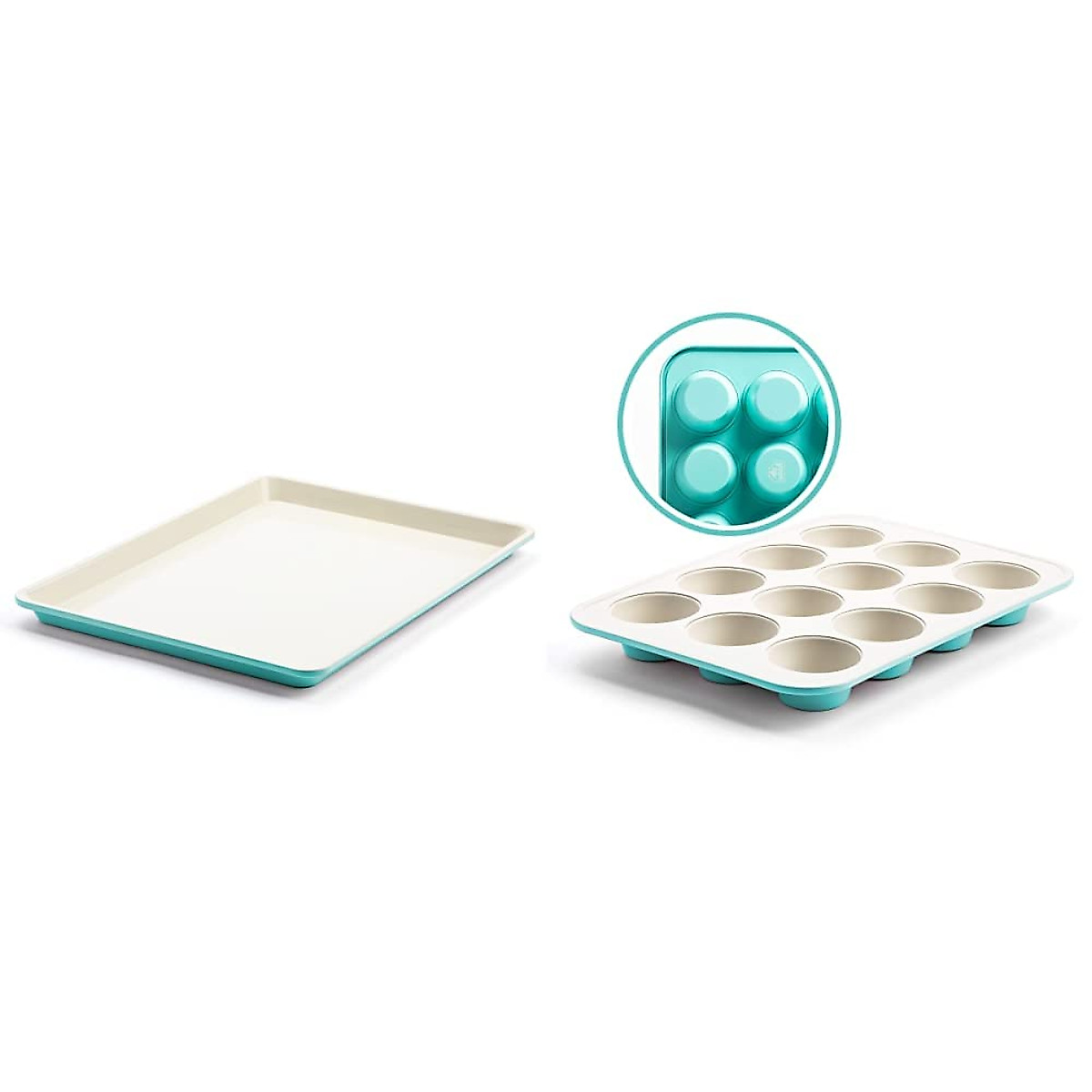 GreenLife Bakeware Healthy Ceramic Nonstick 18" x 13" Half Cookie Sheet Baking Pan, PFAS-Free, Turquoise & Bakeware Healthy Ceramic Nonstick, 12 Cup Muffin and Cupcake Baking Pan, PFAS-Free, Turquoise