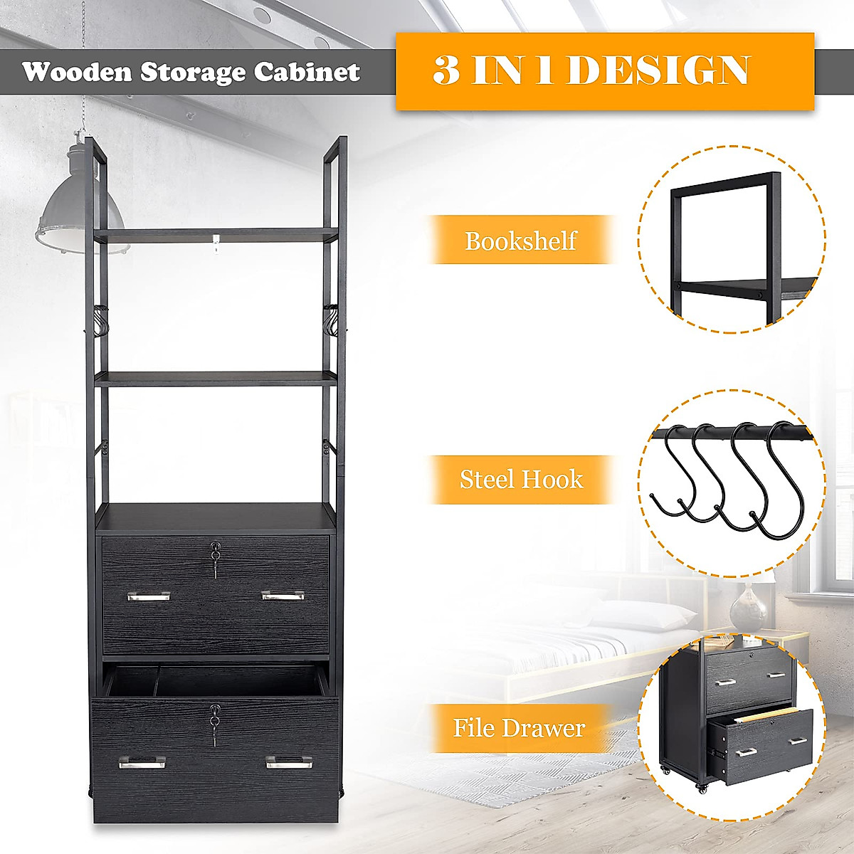 VINGLI 65.7" H 2 Drawer File Cabinet with Lock, Freestanding/Rolling File Cabinets for Home Office, Wood Black File Cabinet with Shelves Compatible with Both Letter and Legal Size Folders