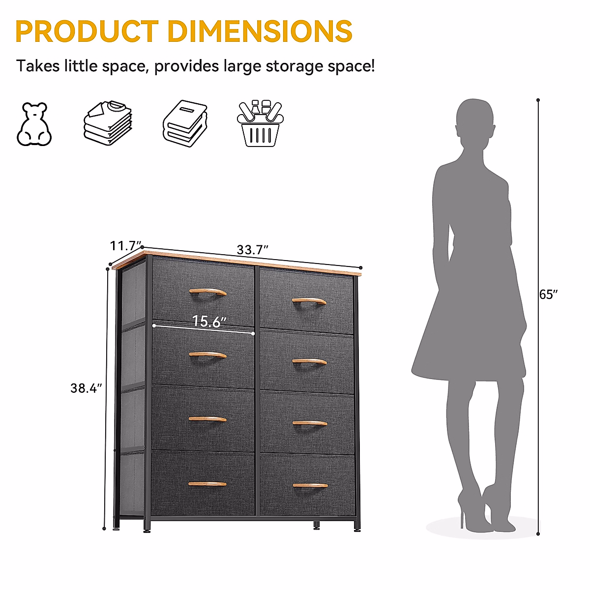 DWVO Dresser for Bedroom, Fabric Dresser with 8 Drawers, Tall Dresser, Double Dresser, Chest of Drawers for Closet, Living Room, Sturdy Steel Frame, Wooden Top, Easy Pull Handle, Charcoal Grey
