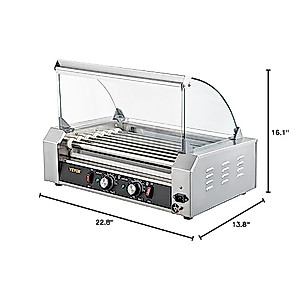 VEVOR Hot Dog Roller 7 Rollers 18 Hot Dogs Capacity 1050W Stainless Sausage Grill Cooker Machine with Dual Temp Control Glass Hood Acrylic Cover Bun Warmer Shelf Removable Oil Drip Tray, ETL Certified