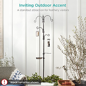 Best Choice Products 91in 4-Hook Bird Feeding Station, Steel Multi-Feeder Kit Stand for Attracting Wild Birds w/ 2 Feeders, Mesh Tray, Bird Bath, 4-Prong Base - Brown