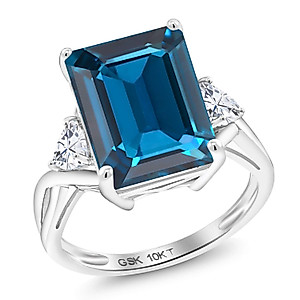 Gem Stone King 10K White Gold London Blue Topaz and White Moissanite 3 Stone Engagement Ring For Women (9.96 Cttw, Emerald Cut 14X10MM, Trillion 4MM, Available in Size 5,6,7,8,9)