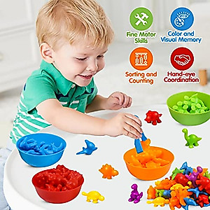 Counting Dinosaurs Toys Matching Game with Sorting Bowls Preschool Learning Activities Montessori Sensory Teaching Toys for Math Counters Color Sorting for Toddlers Kids Age 3+ Old Boys Girls