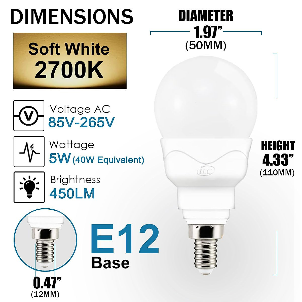 ILC E12 LED Light Bulbs (40w Equivalent) 5W, Color Changing RGB, A15 Small Base Candelabra Round Light Bulb, Candle Base, 2700K Warm White 12 Colors 2 Modes Timing with Remote Control (4 Pack)