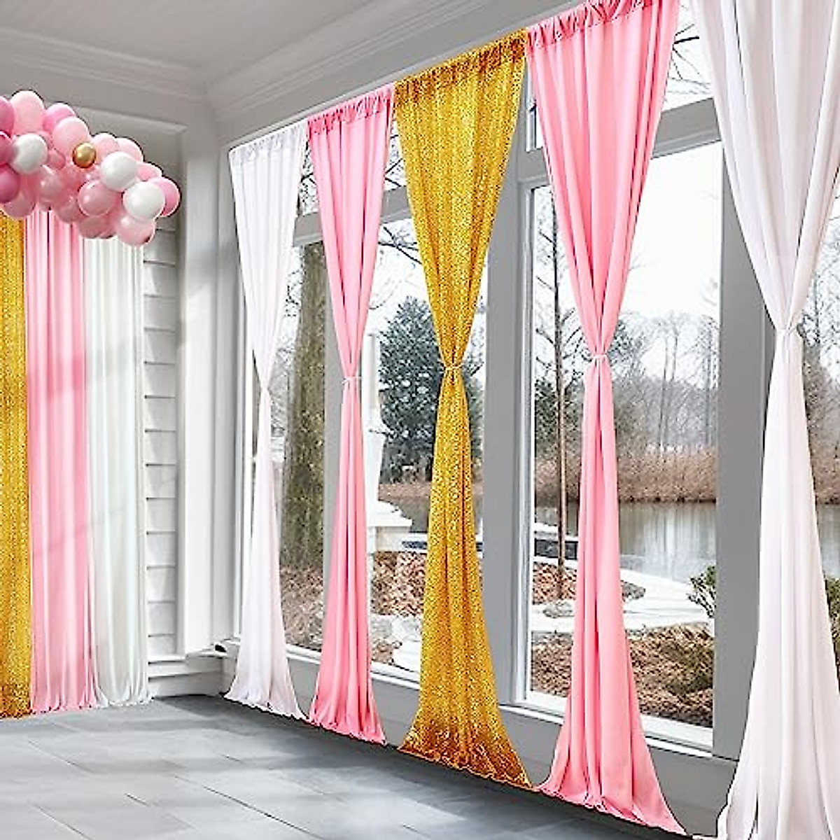 Backdrop Curtains Pink White Backdrop Drapes Fabric with Gold Sequin Backdrop for Birthday Party Baby Shower Girl Bedroom Decoration 5PCS 1.6ft×7ft