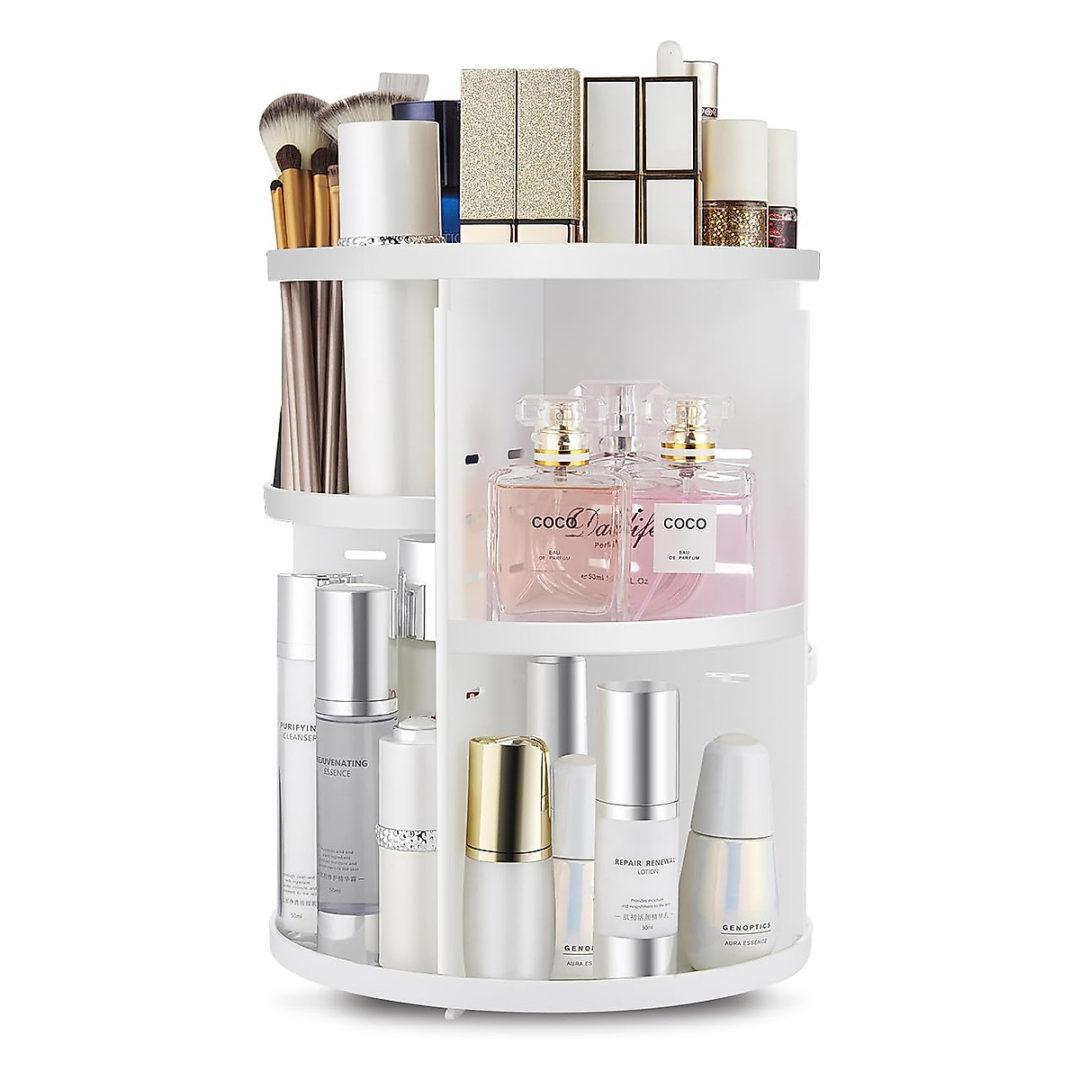 seinlife 360 Rotating Makeup Organizer,DIY Adjustable Spinning Holder,Foldable Cosmetic Storage Display box,Large Capacity Make up Caddy Shelf,Fits Countertop Vanity and Bathroom (WHITE)