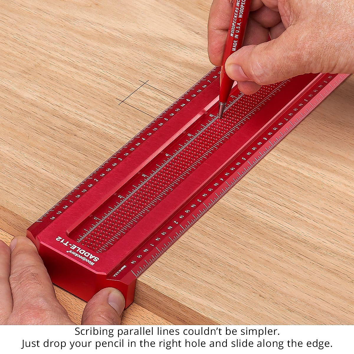 Woodpeckers Saddle T-Square, 6 Inch, Wraps Around Work Edge, USA Made Woodworking Square with Scribing Guides