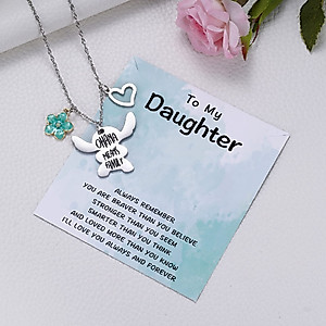 To My Young Daughter Stitch Gift Ohana Means Family Necklace&Message Card for Little Lilo Stitch Lover Daughter from Mom Dad, Stitch Jewelry Birthday Graduation Christmas Gifts for Teen Girls