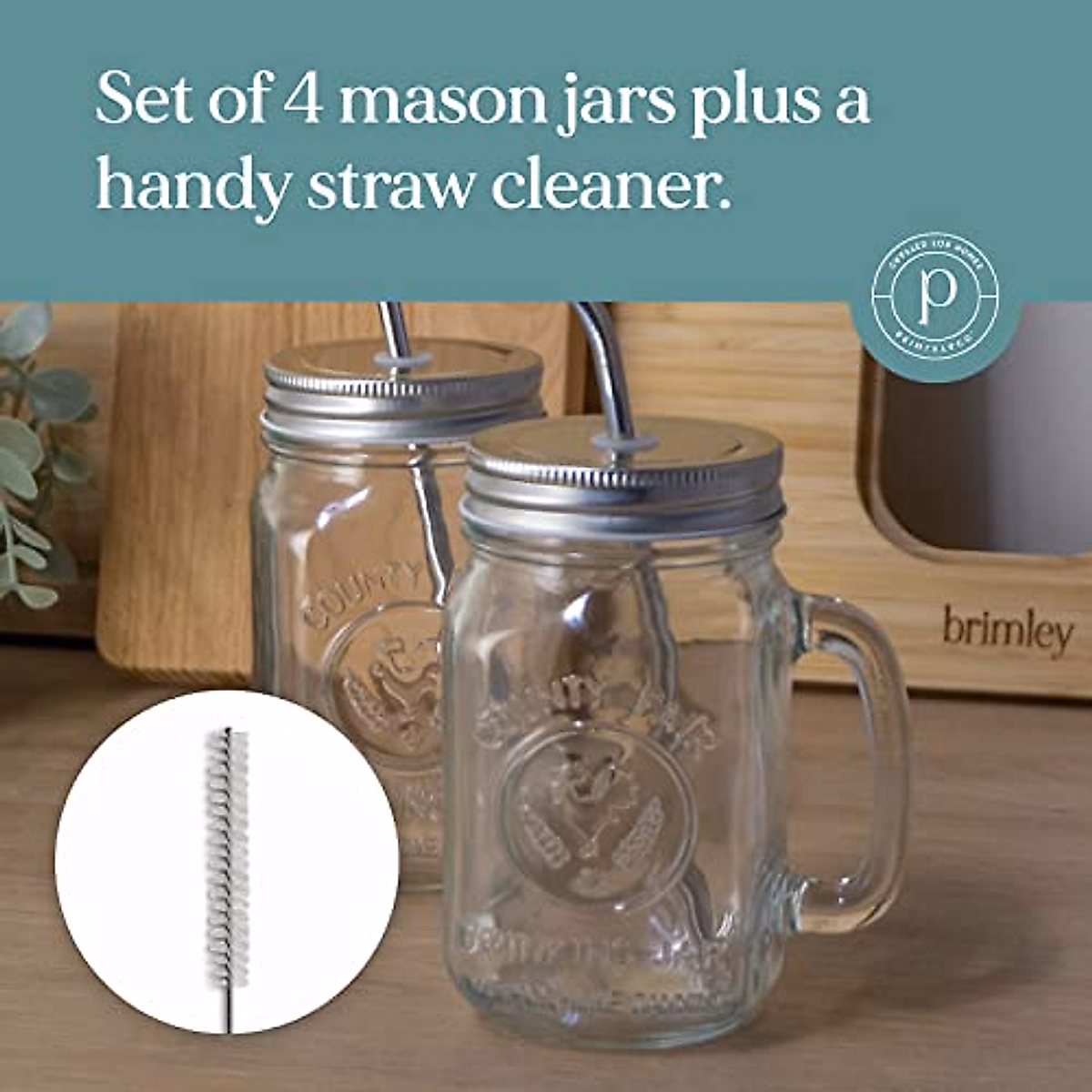 brimley 16oz Glass Mason Jar with Lid and Straw Set of 4 - Mason Jars with Handle for Cold Drinks - Glass Mason Jars with Metal Mason Jar Lids with Straw Hole and Stainless Steel Straws