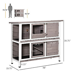 PawHut Indoor or Outdoor Rabbit Hutch with Quick on-The-Go Feeding, Wood Rabbit Cage, Long Hopping Distance, Medium Rabbit Hutch, 4 Door, No Leak Tray, Grey Brown
